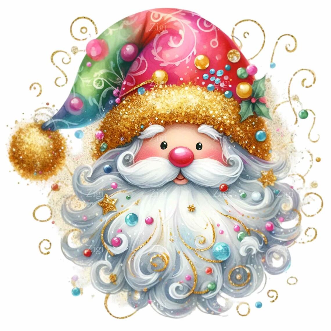 15 Golden Glitter Santa PNG Clipart, Whimsical Festive Santa With ...