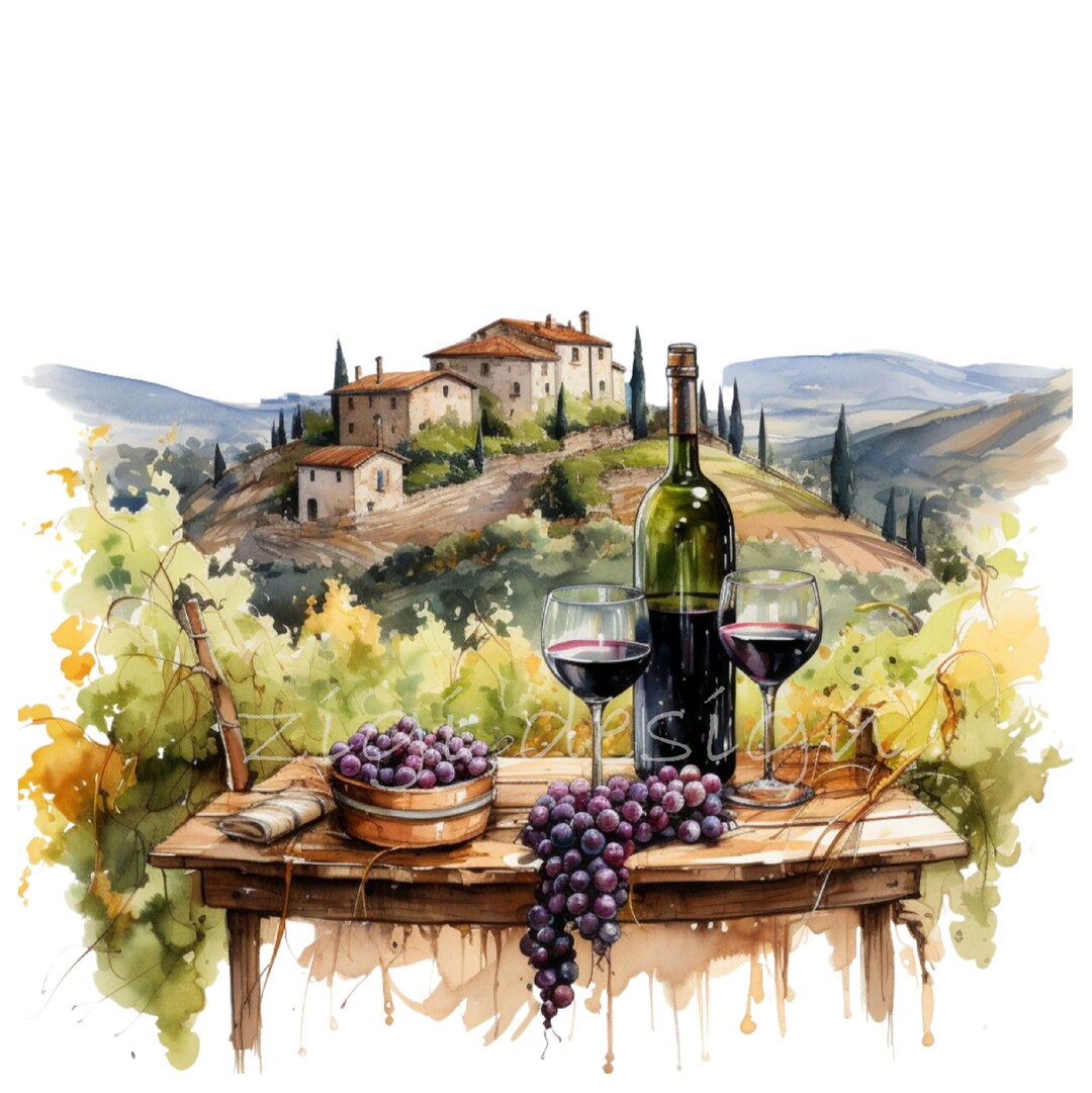 Wine Bottle Clipart, Tuscany Clip Art, 20 PNG Watercolor Italy Vineyard ...