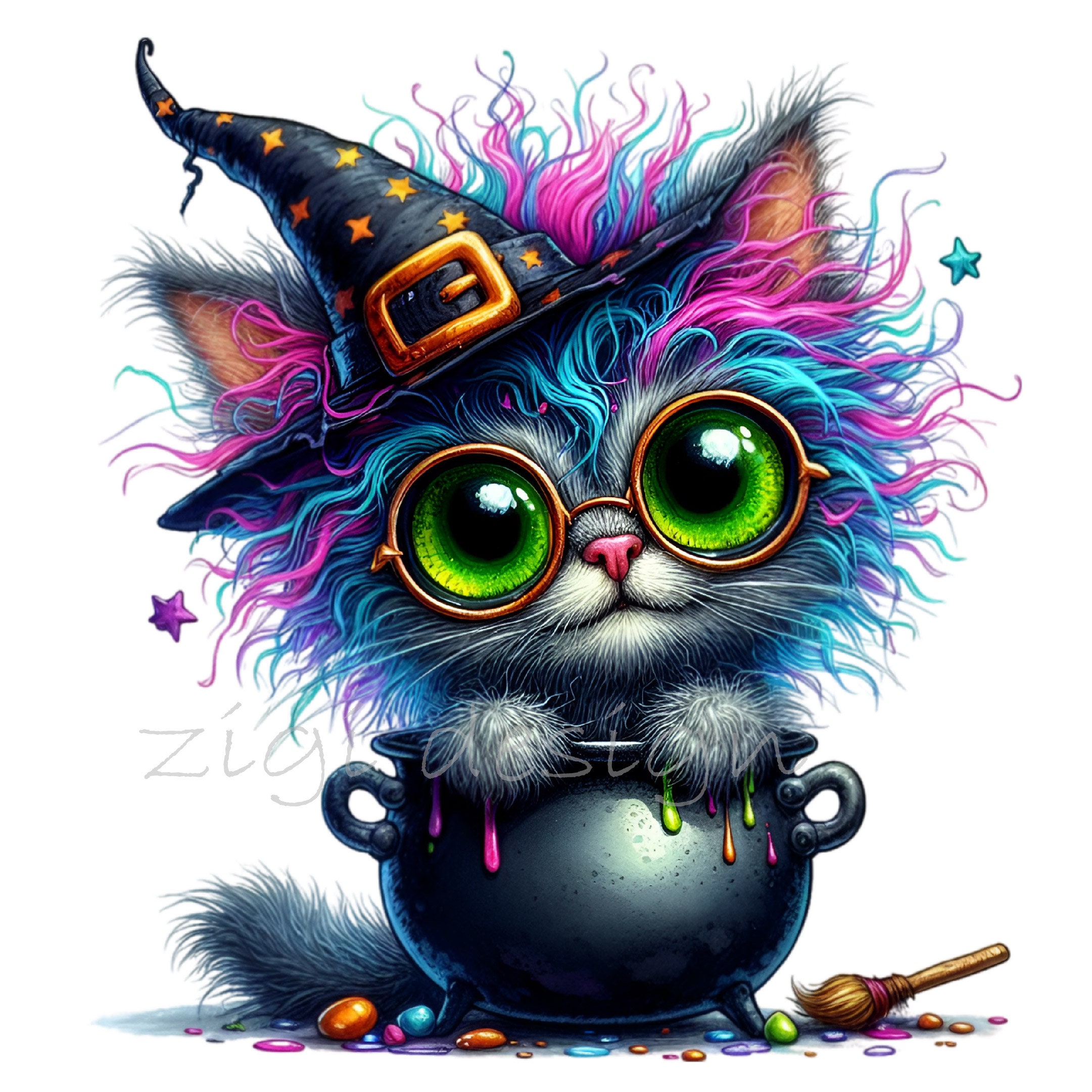 10 Halloween Cat PNG Clipart – Cute Fluffy Cat in Witch Hat With ...