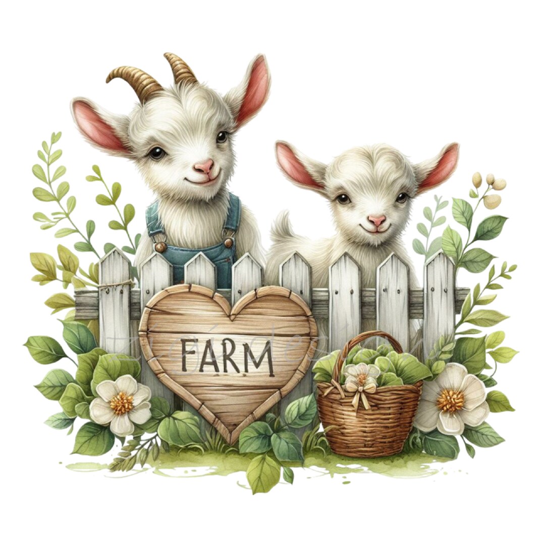 Charming Farm Goat PNG Clipart. 10 Cute Goats by Fence With Floral ...