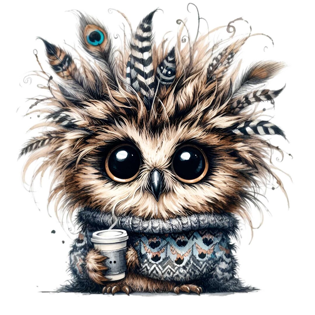 10 PNG Coffee Owl Messy Hair Bird Sweater Clipart - Etsy