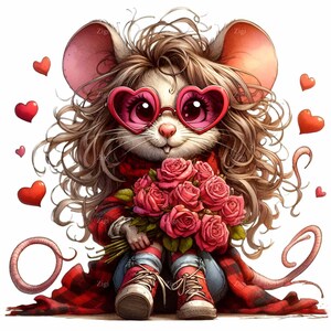 Mouse With Roses PNG Clipart 12 Cute Mouse in Heart Glasses Holding Red ...