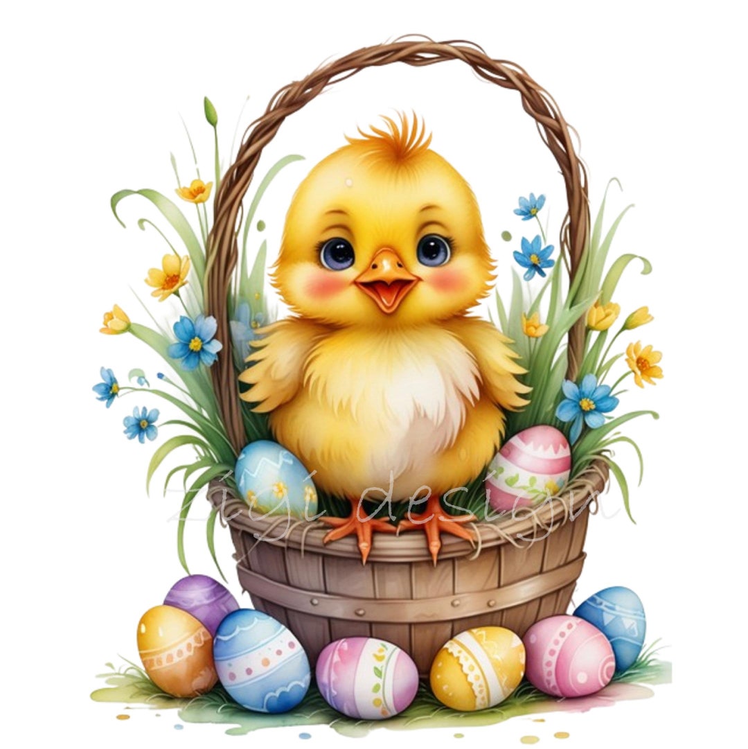16 Happy Chick in Easter Basket PNG Clipart, Spring Chick Illustration ...