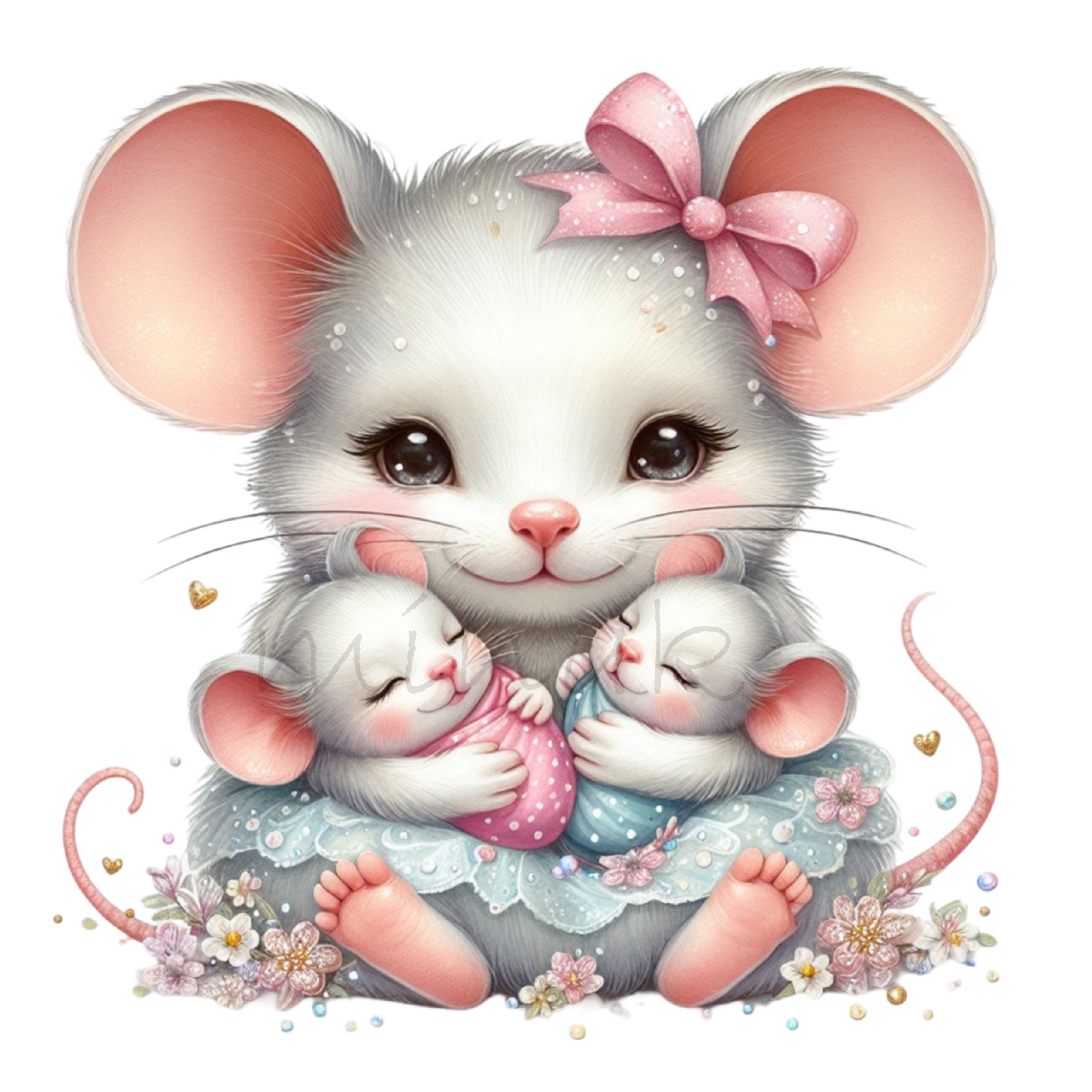10 PNG Mother Mouse Clipart, Baby Mice Family, Floral Illustration ...