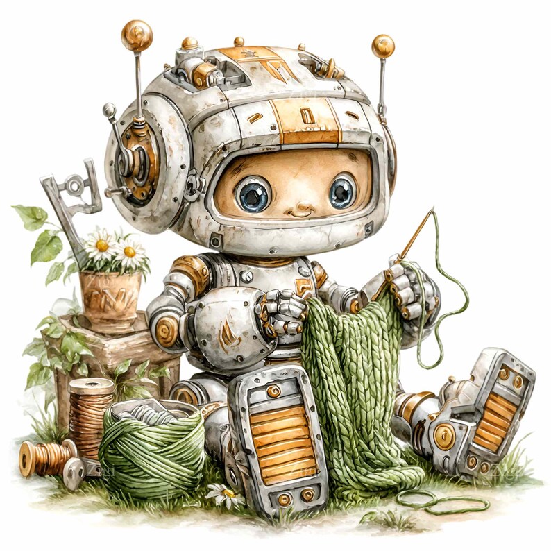 16 PNG Knitting Robot Clipart – Watercolor Mechanical Crafter ...