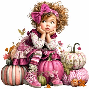12 PNG Pumpkin Girl Clipart – Fall PNG for Kids Crafts, Curly Hair Girl ...