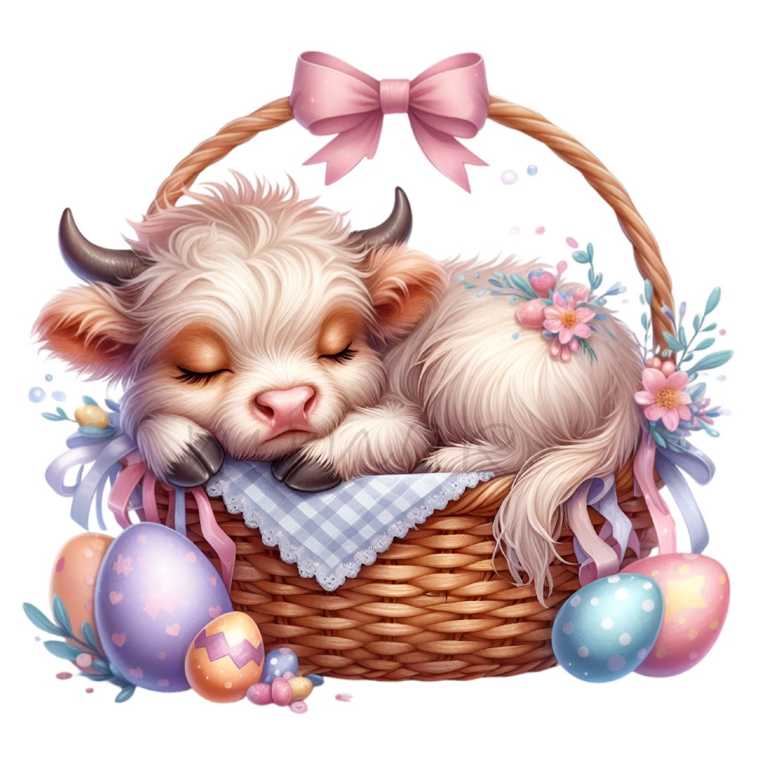 10 Highland Cow PNG, Cute Baby Cow in Easter Basket, Floral Spring Calf ...