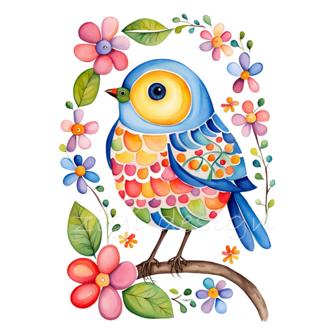Folk Art Bird Clipart, 12 PNG Watercolor - Etsy