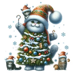 Christmas Kitten Tree Clipart 10 Cute Festive Cat Illustration in Santa ...