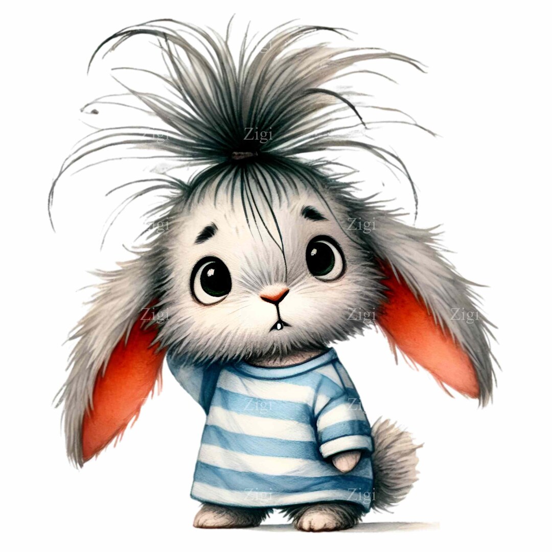 12 PNG Funny Bunny Pajama Clipart, Messy Hair Rabbit, Blue Striped ...