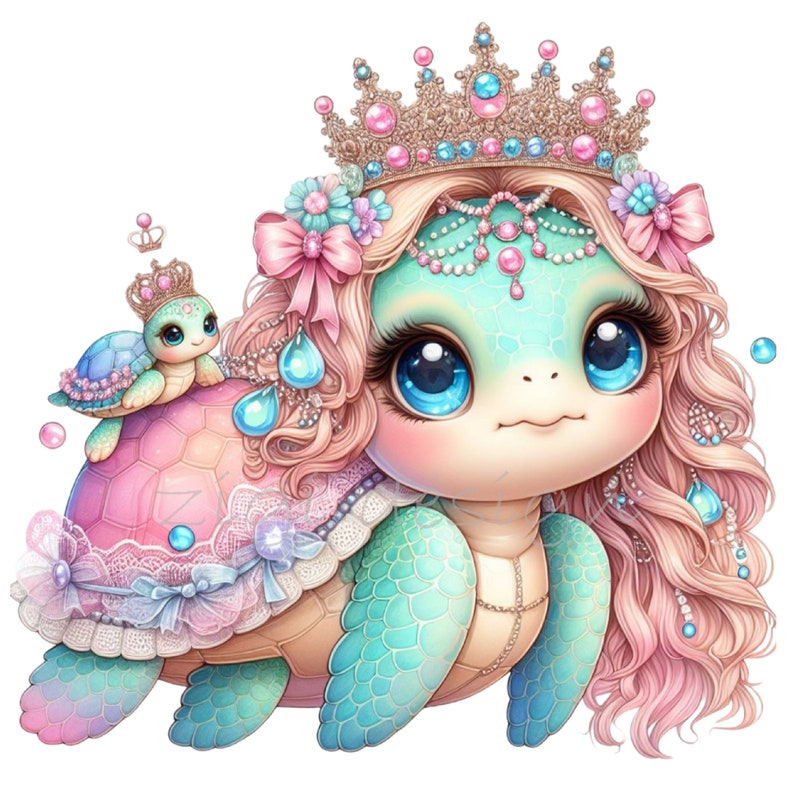 10 PNG Sea Turtle Princess Clipart, Baby Turtle Pearls Flowers ...