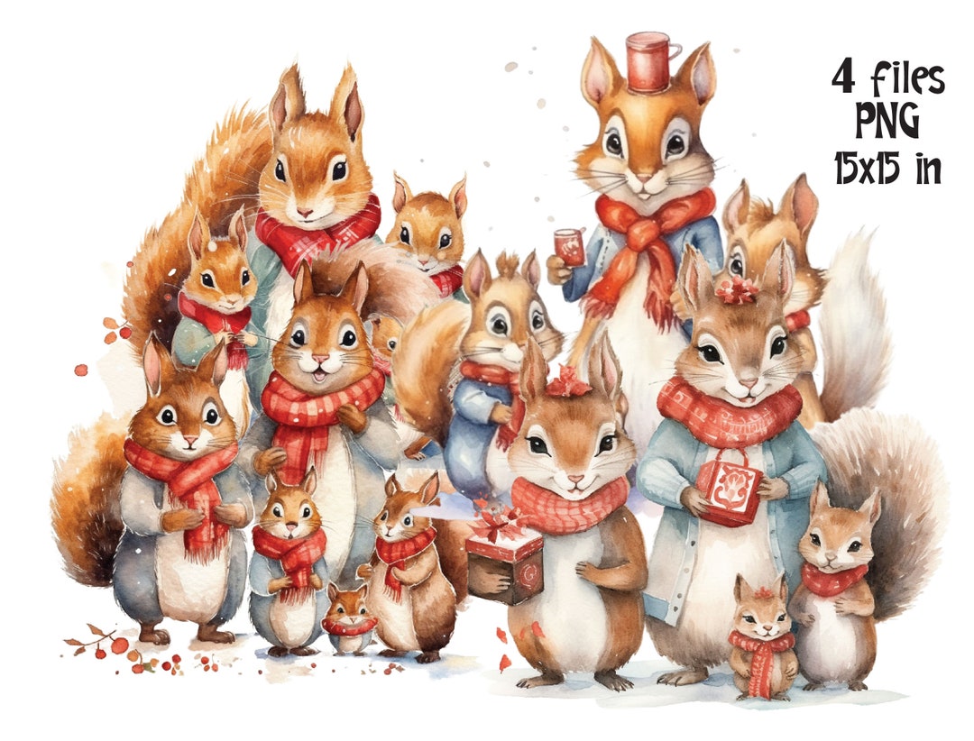 Christmas Squirrel Clipart PNG Watercolor Winter Woodland Animals Clip ...