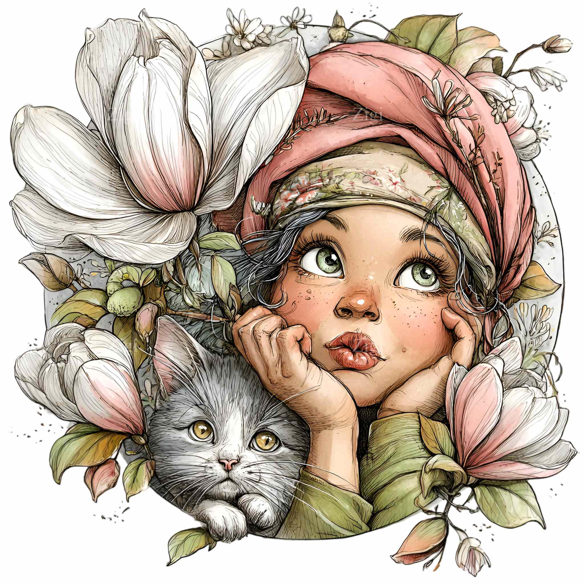 10 PNG Magnolia Girl Clipart – Red Hair PNG With Cat and Flowers ...