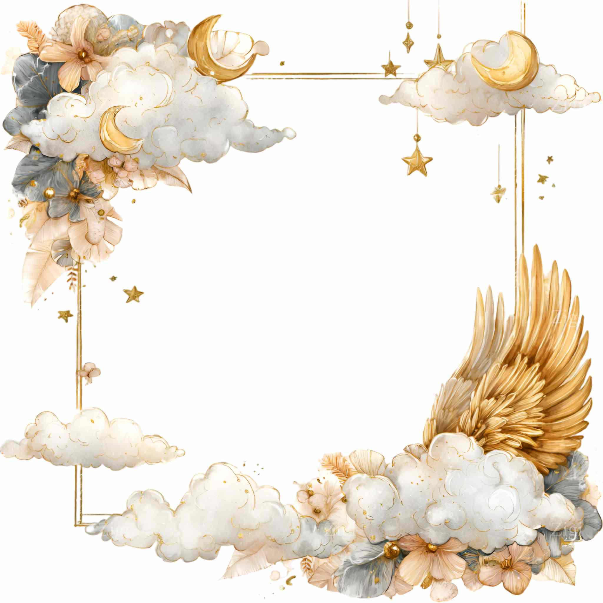 16 PNG Celestial Moon Frame PNG – Gold Clouds and Wings Clipart – Lunar ...