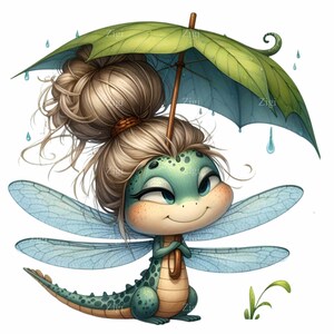 14 Cute Dragonfly Girl PNG Clipart, Big Eyes, Leaf Umbrella, Rain Drops ...