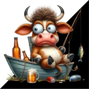 Fishing Cow Digital Clipart 15 PNG - Funny Cow Illustration With ...