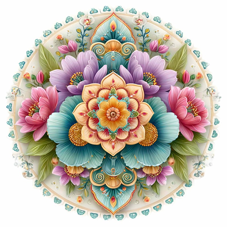 16 PNG Floral Mandala Clipart, Watercolor Flower Ornament Symmetry ...