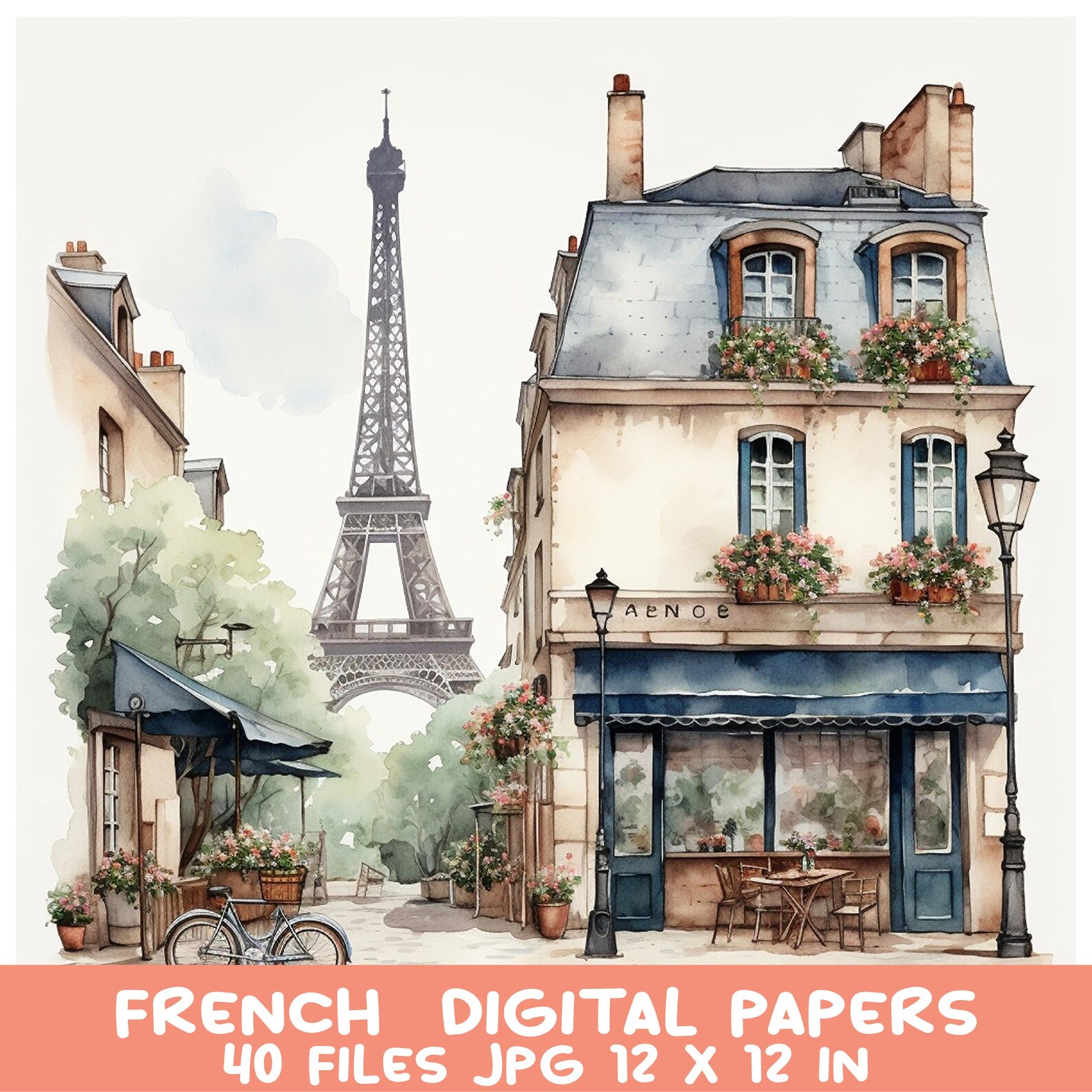 Paris Digital Papers 40 JPG Watercolor, Eiffel Tower Clipart, Parisian ...