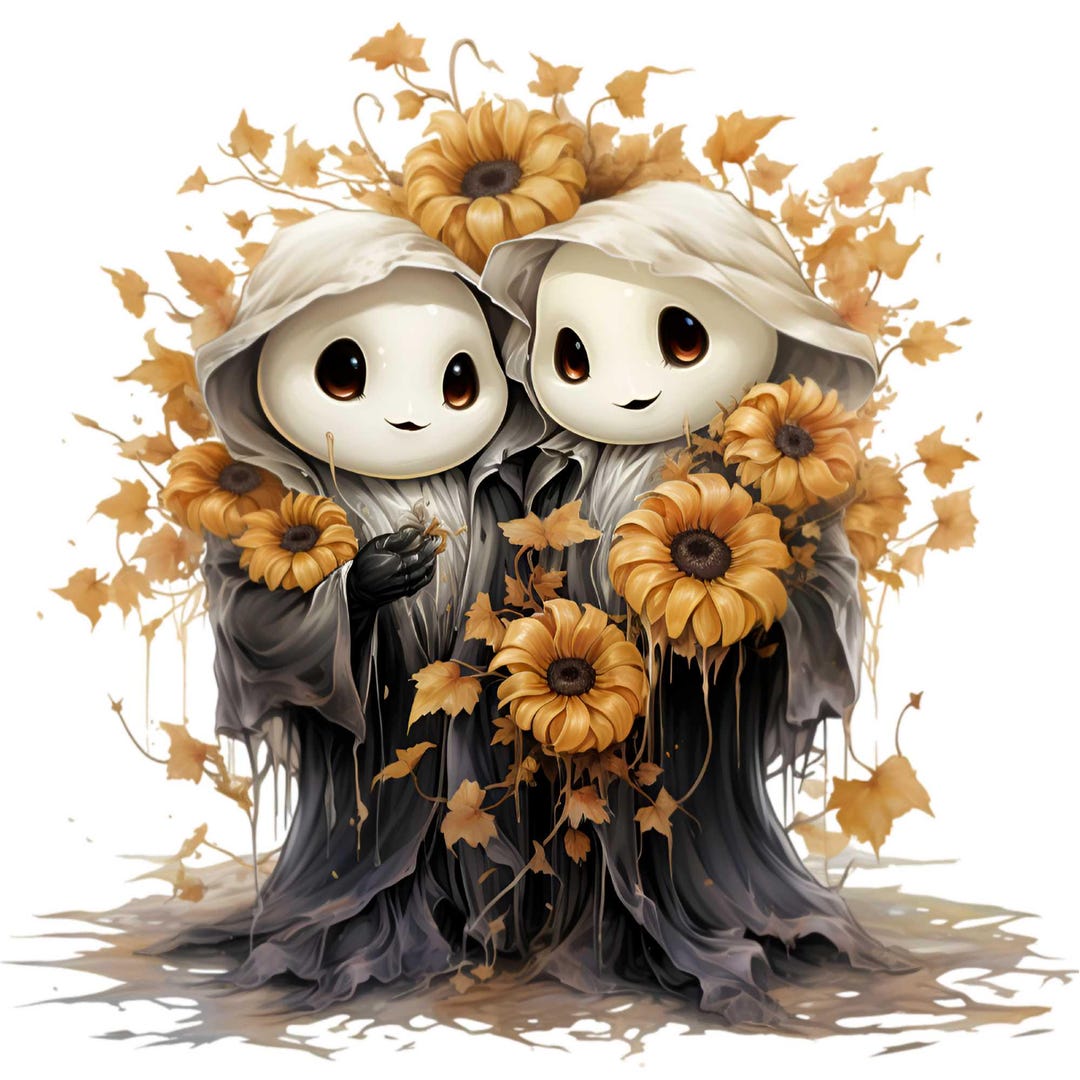 Cute Ghost Couple With Sunflowers PNG, 15 Halloween Floral Art Clipart ...