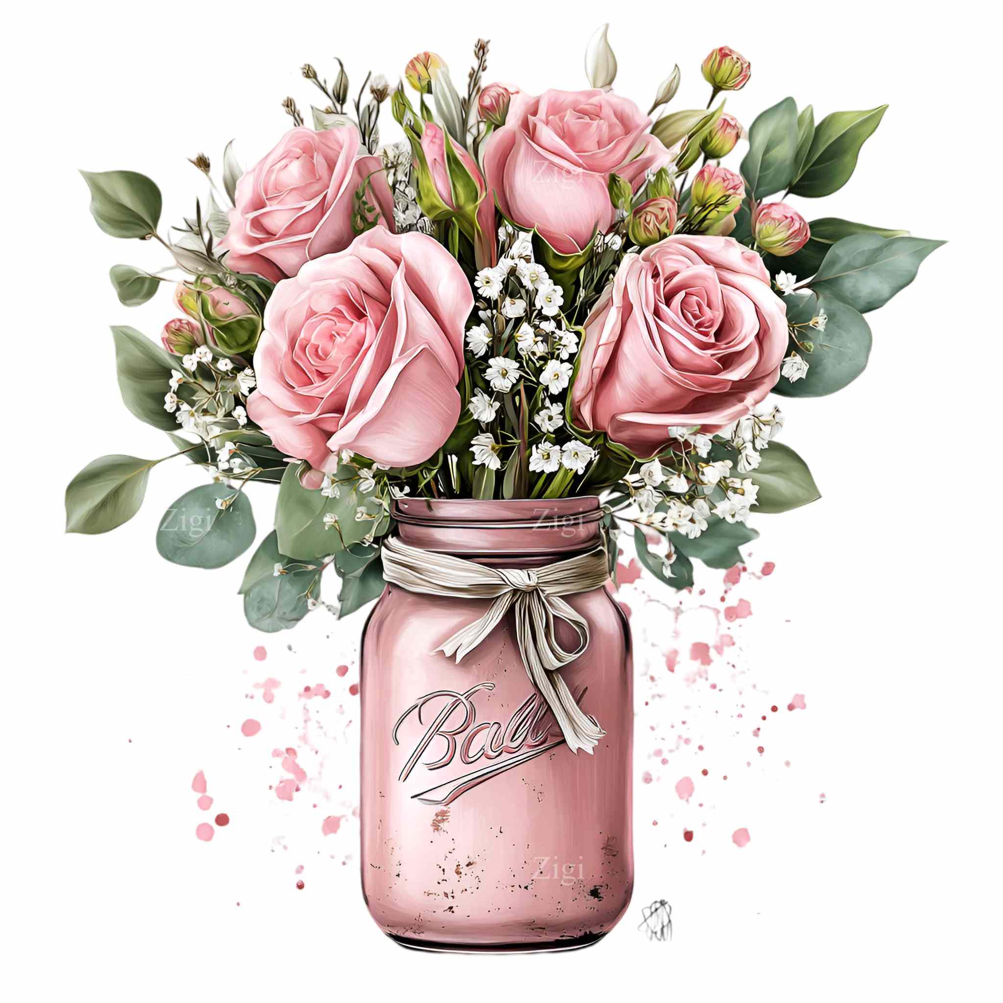 16 PNG Pink Rose Mason Jar Clipart, Watercolor Floral Bouquet, Flower ...