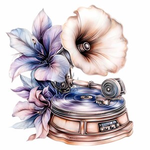 16 PNG Vintage Gramophone Floral Record Player, Watercolor Music ...