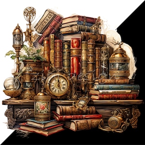 Vintage Bookshelf Clipart PNG, 15 Antique Books and Decor, Steampunk ...