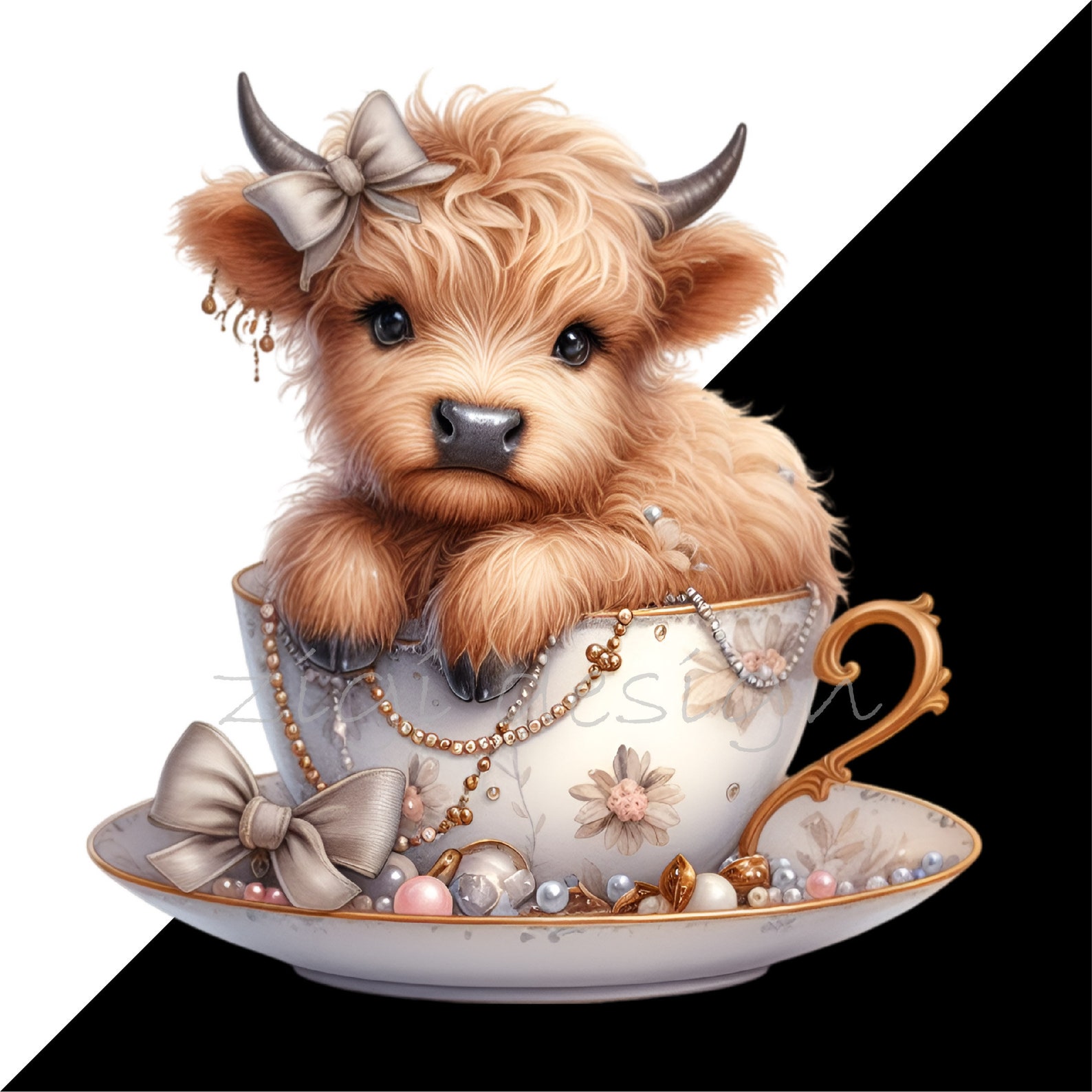 12 PNG Pink Highland Cow Clipart, Teacup Calf Bow Vintage Watercolor - Etsy