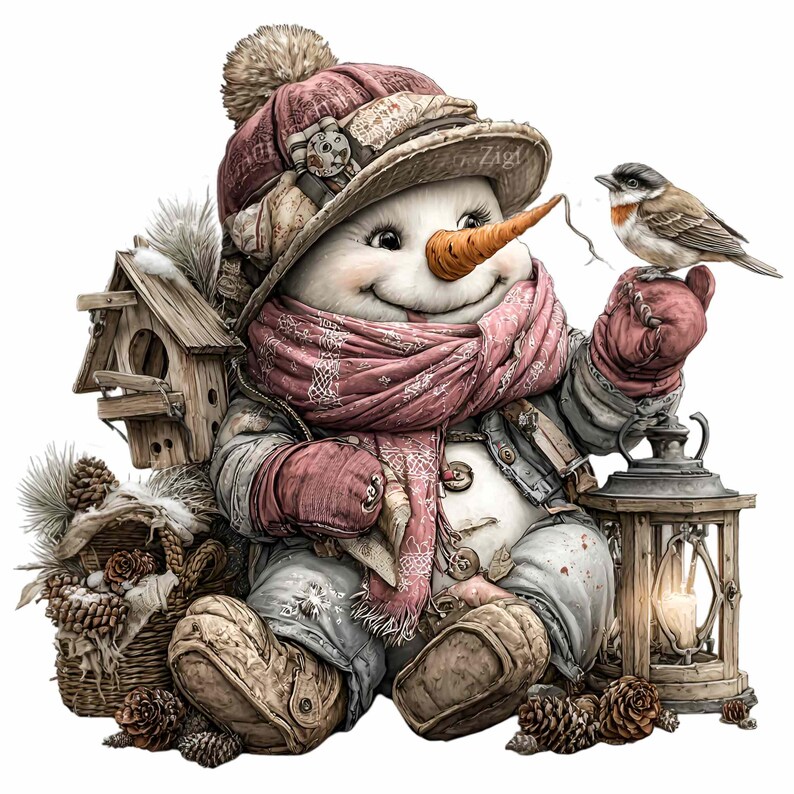 15 PNG Rustic Snowman Clipart – Winter PNG Illustration – Lantern and ...