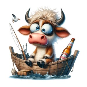 Fishing Cow Digital Clipart 15 PNG - Funny Cow Illustration With ...
