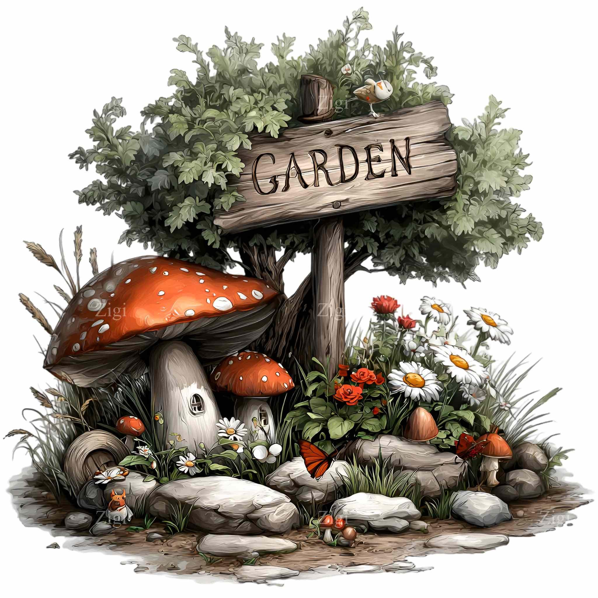 16 PNG Watercolor Mushroom House Clipart, Garden Sign Fairy Cottage ...