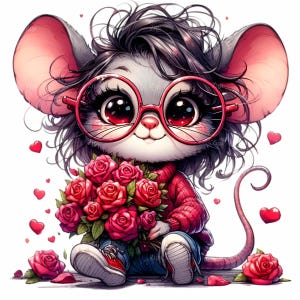 Mouse With Roses PNG Clipart 12 Cute Mouse in Heart Glasses Holding Red ...