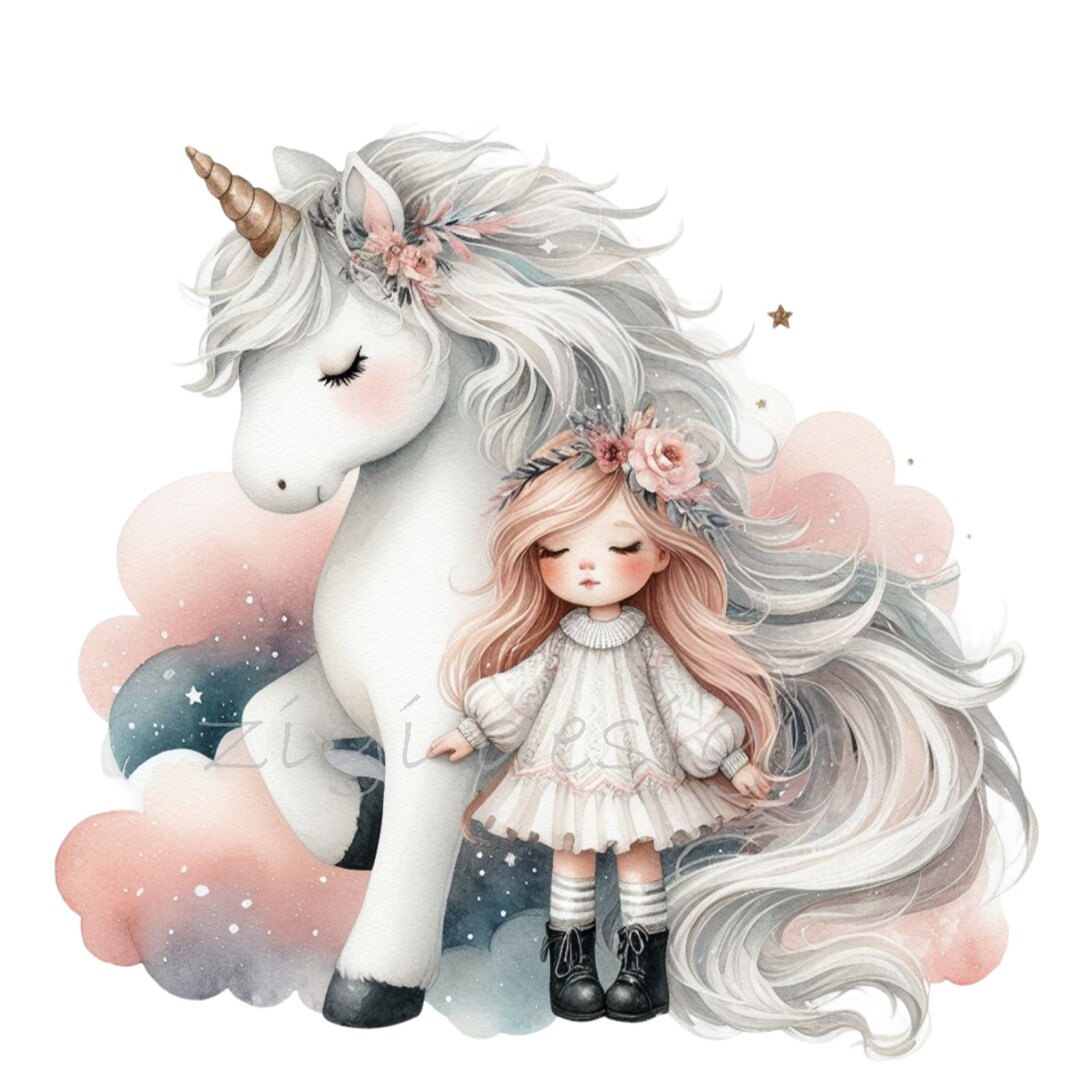 10 Unicorn and Girl PNG Clipart, Whimsical Pastel Unicorn With Little ...