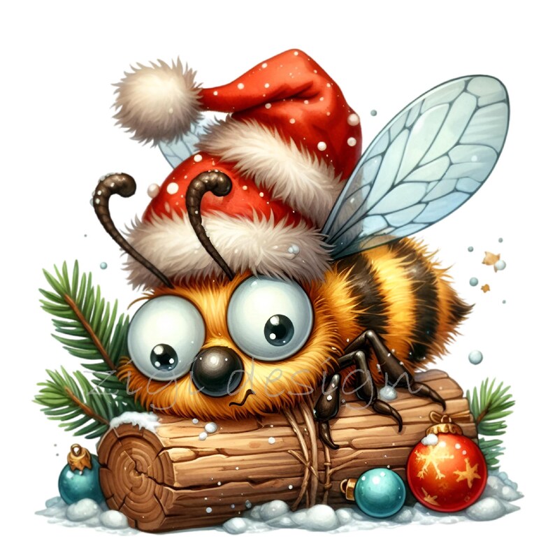 12 Christmas Bee PNG Clipart, Cute Bumblebee With Santa Hat and ...