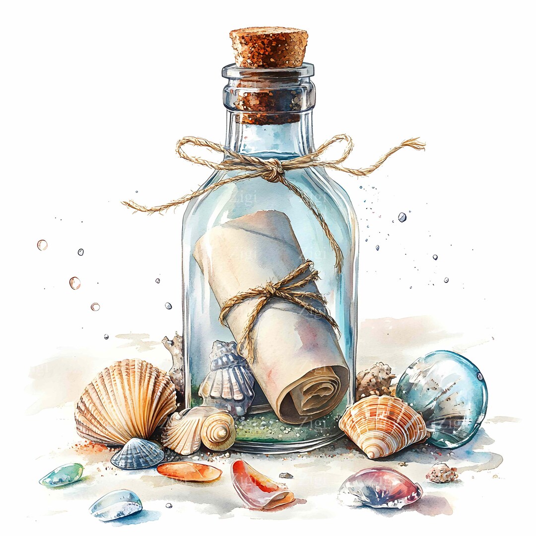 36 JPEG Nautical Bottle Clipart - Glass Bottle With Scroll & Seashells ...