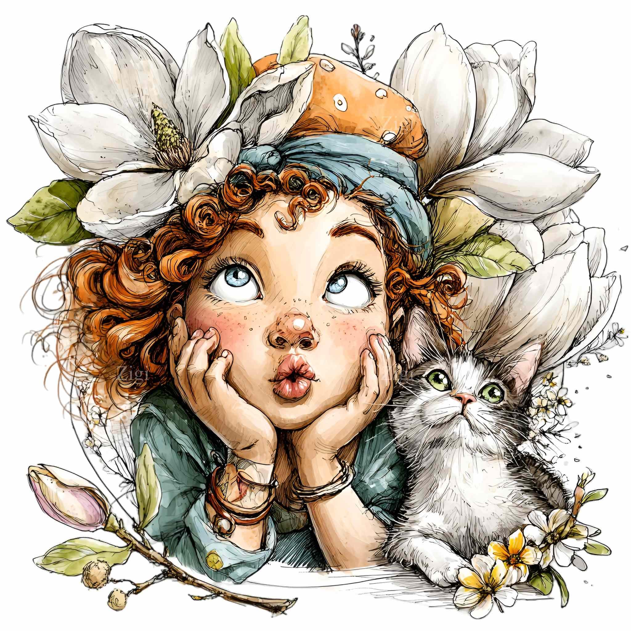 10 PNG Magnolia Girl Clipart – Red Hair PNG With Cat and Flowers ...