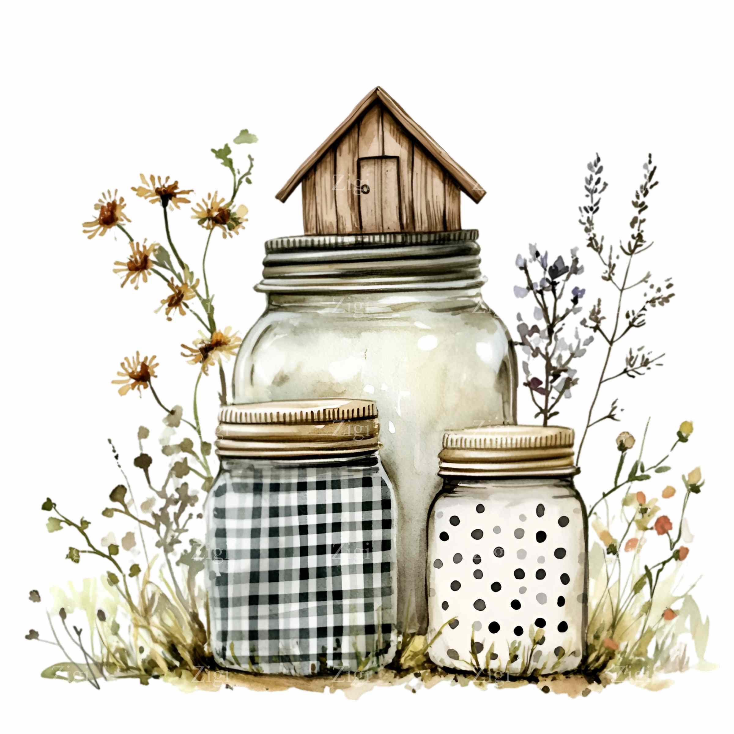 19 PNG Farmhouse Mason Jar, Watercolor Country Flowers, Rustic Cottage ...