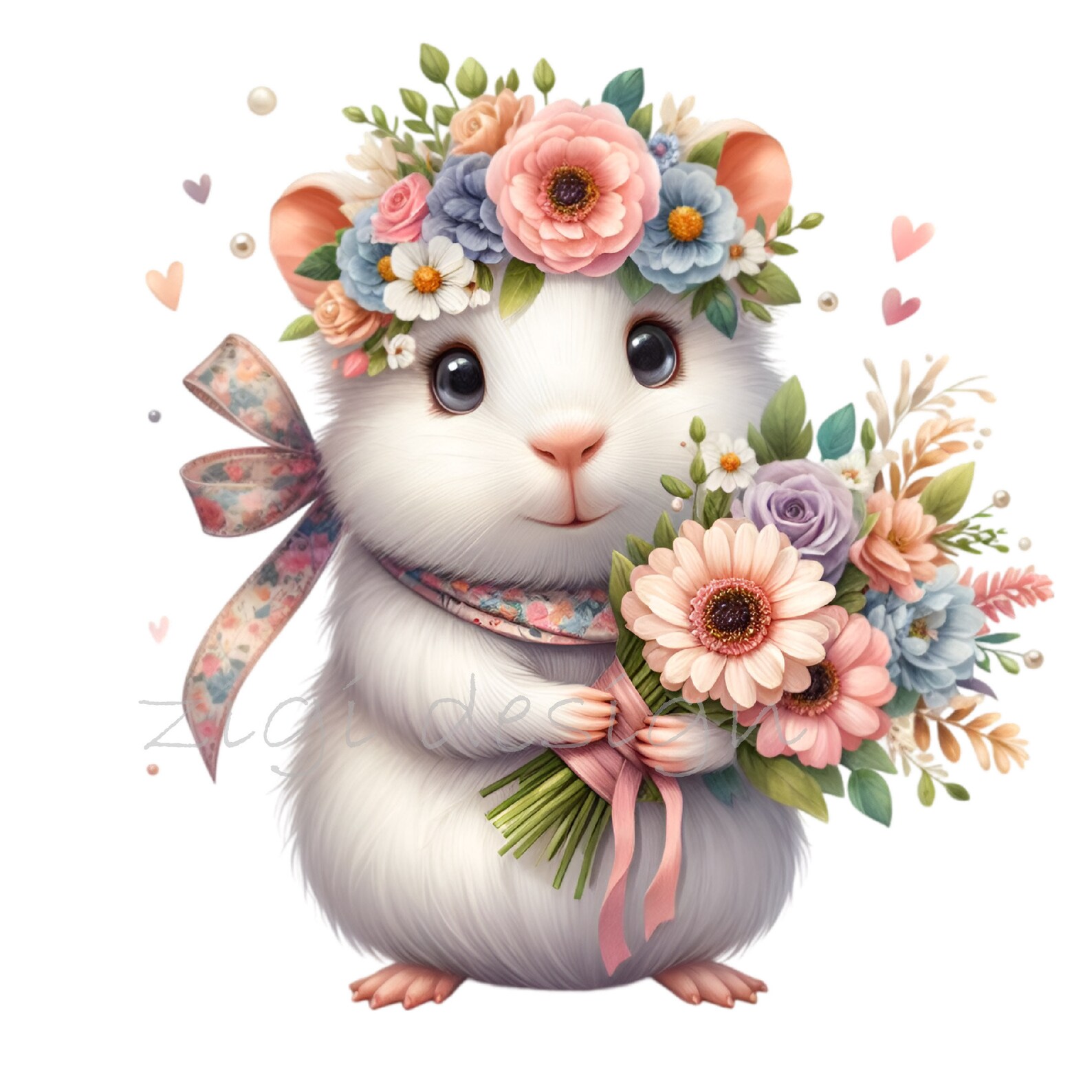 12 PNG Floral Guinea Pig Clipart – Pet Illustration With Bow and ...