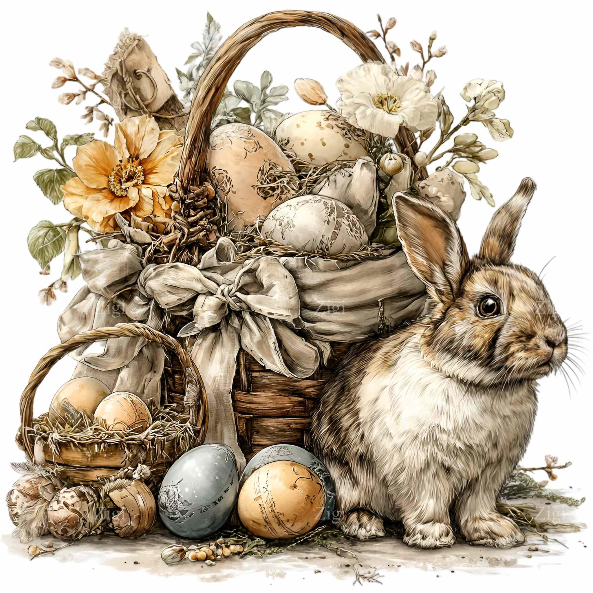 15 PNG Easter Rabbit Clipart, Floral Egg Basket Illustration Spring ...
