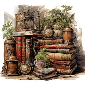Vintage Bookshelf Clipart PNG, 15 Antique Books and Decor, Steampunk ...