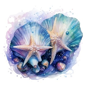 10 Seashell Clipart PNG, Watercolor Starfish and Shells, Ocean Beach ...