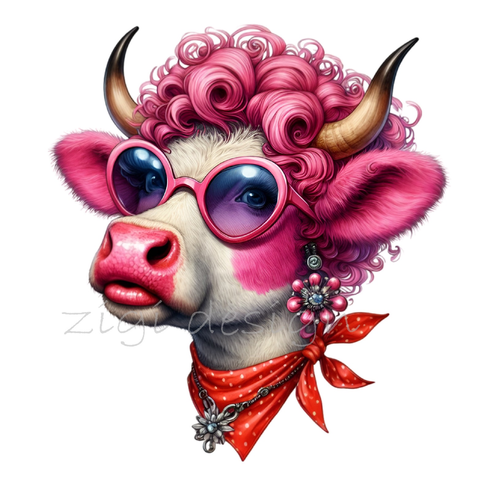 Glamorous Pink Cow Digital Clipart 12 PNG Cute Cow Illustration With ...