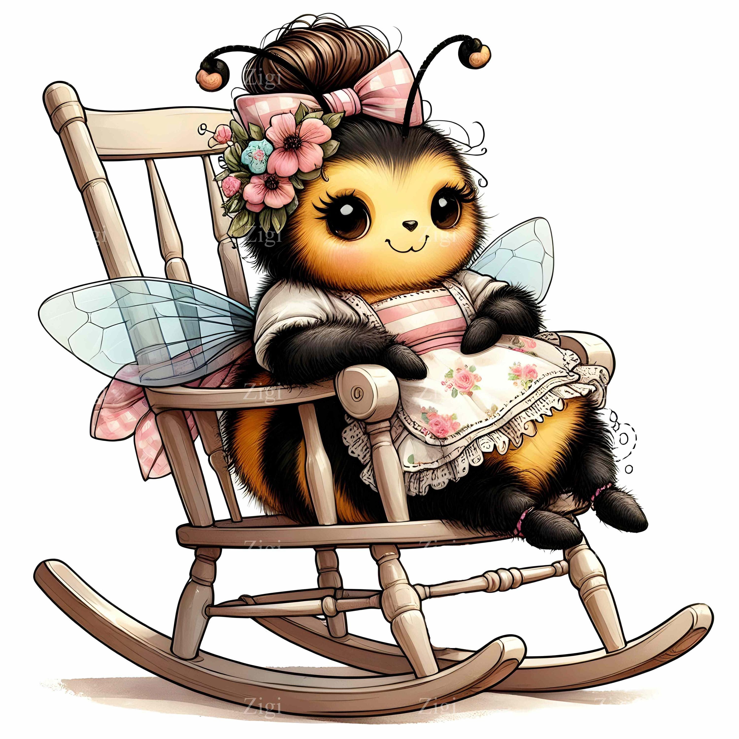 12 JPEG Cute Bee Clipart in Rocking Chair With Apron & Bow, Floral ...