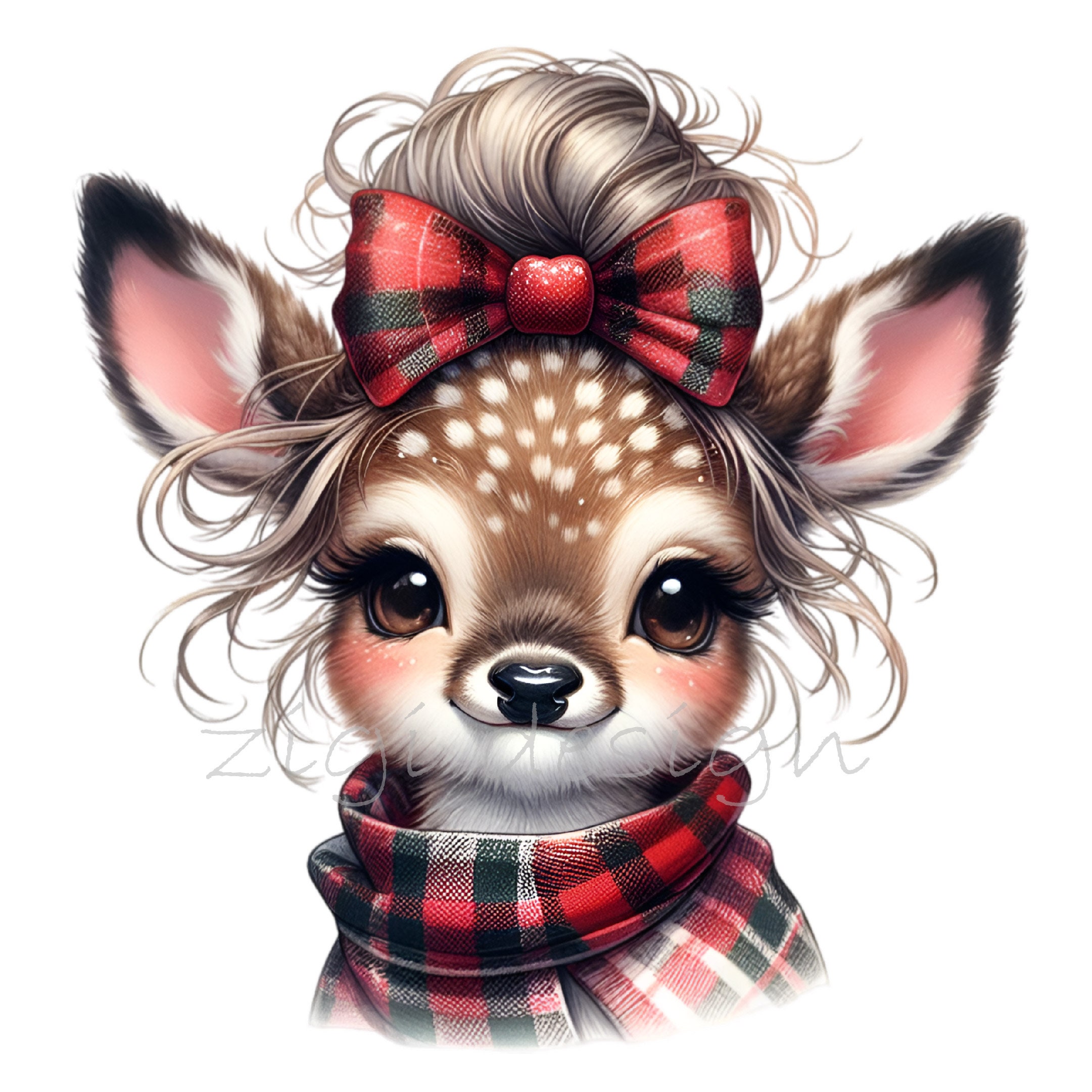 12 Cute Deer PNG Clipart - Baby Fawn With Red Buffalo Plaid Bow ...