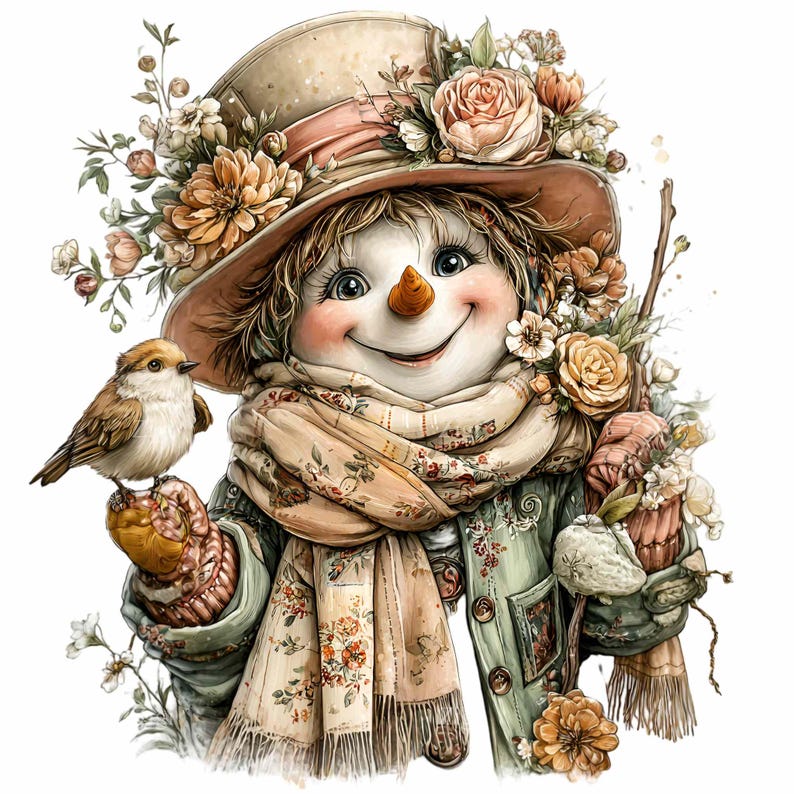 15 PNG Floral Snowman Clipart – Winter PNG for Sublimation, Rustic ...