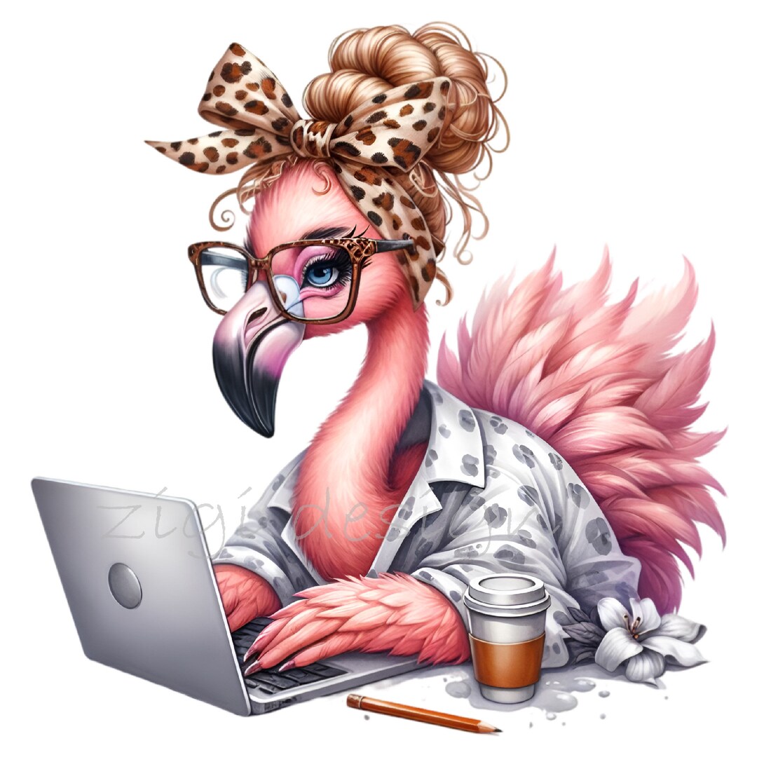 Flamingo PNG Clipart 15 Flamingo Working on Laptop With Glasses and ...