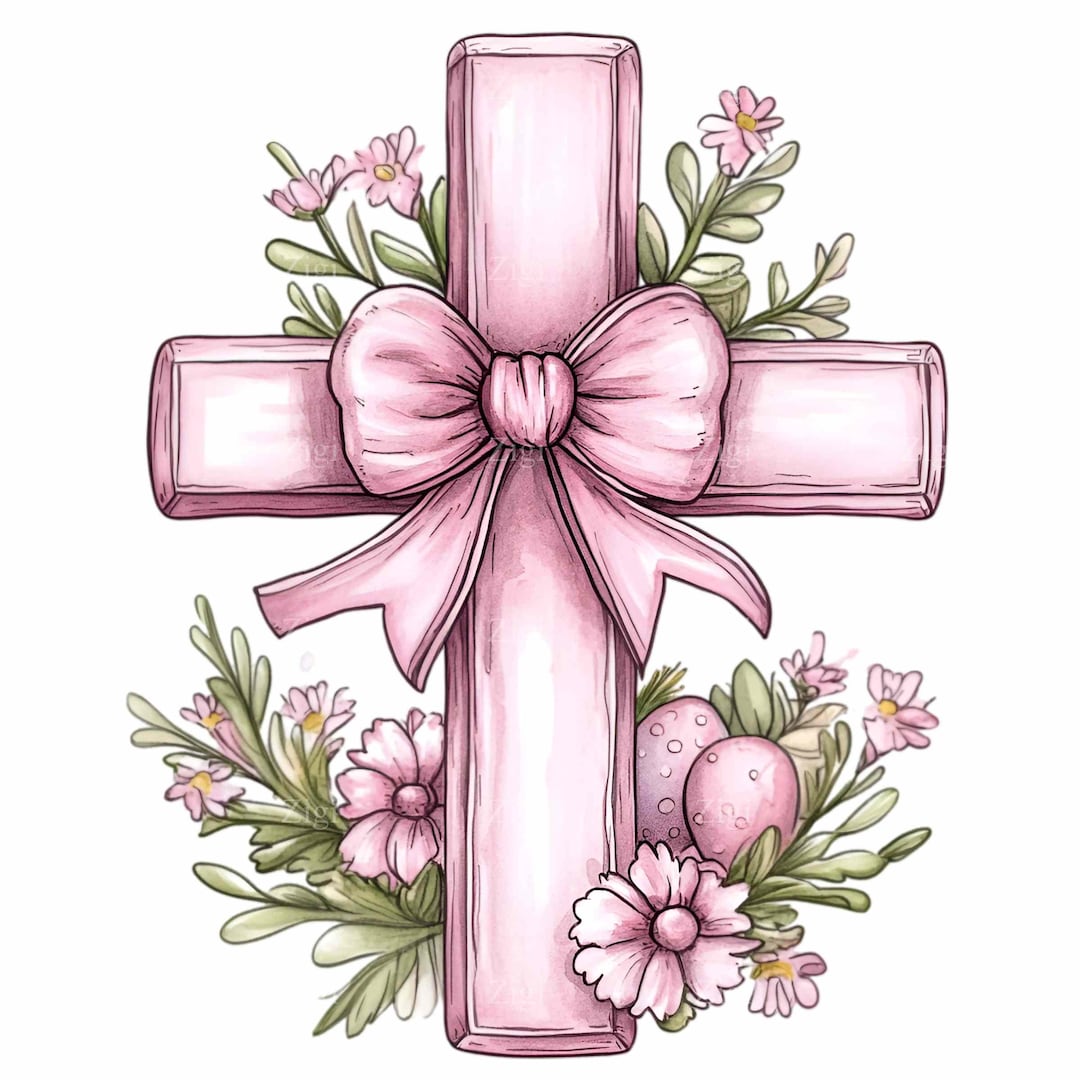 12 Pink Cross Clipart PNG, Floral Cross With Bow and Flowers, Artistic ...
