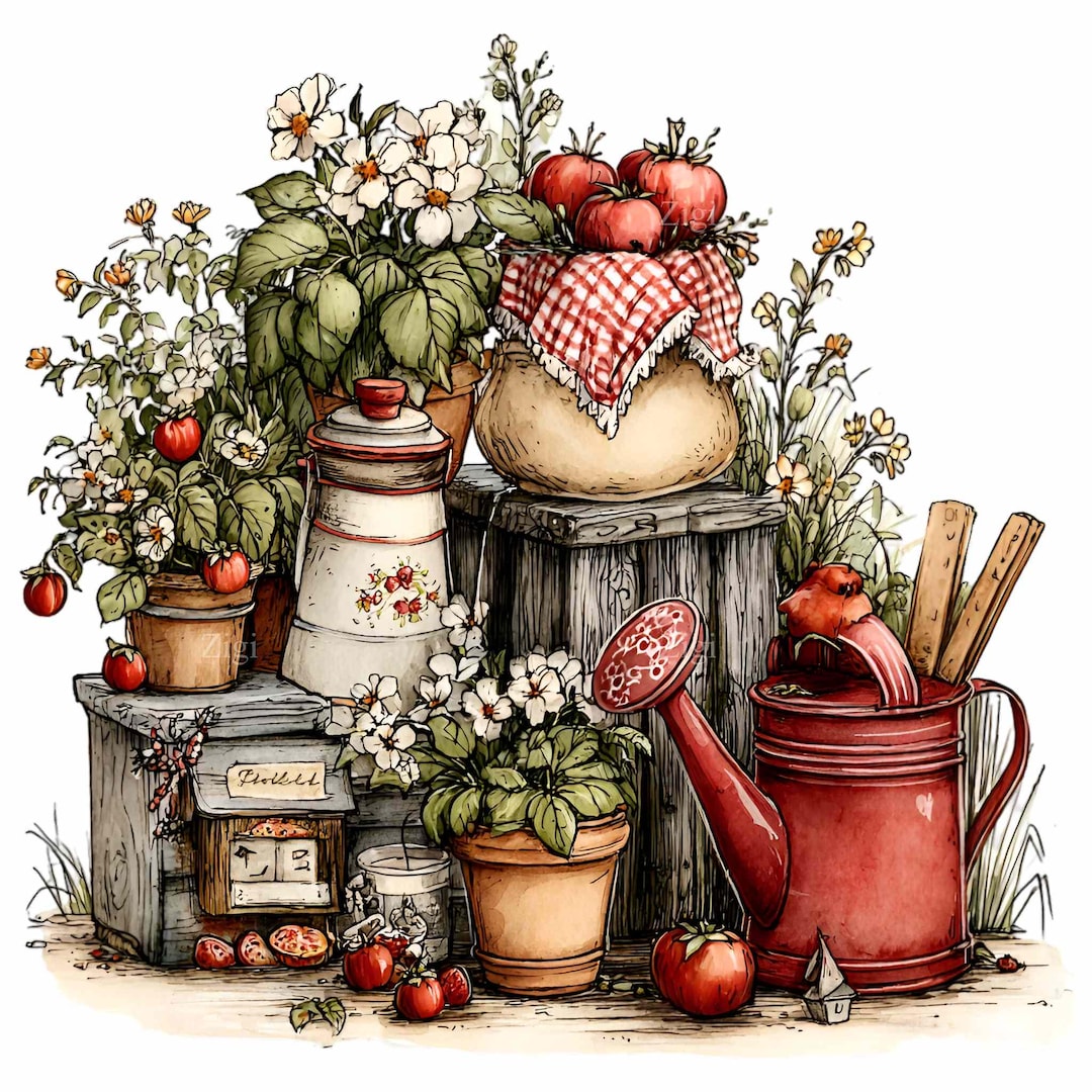 15 PNG Farm Garden Clipart – Rustic Watercolor Tomatoes and Flowers PNG ...