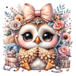 Cute Owl Clipart, 12 Pastel Floral Owl With Bow PNG, Whimsical Nursery ...