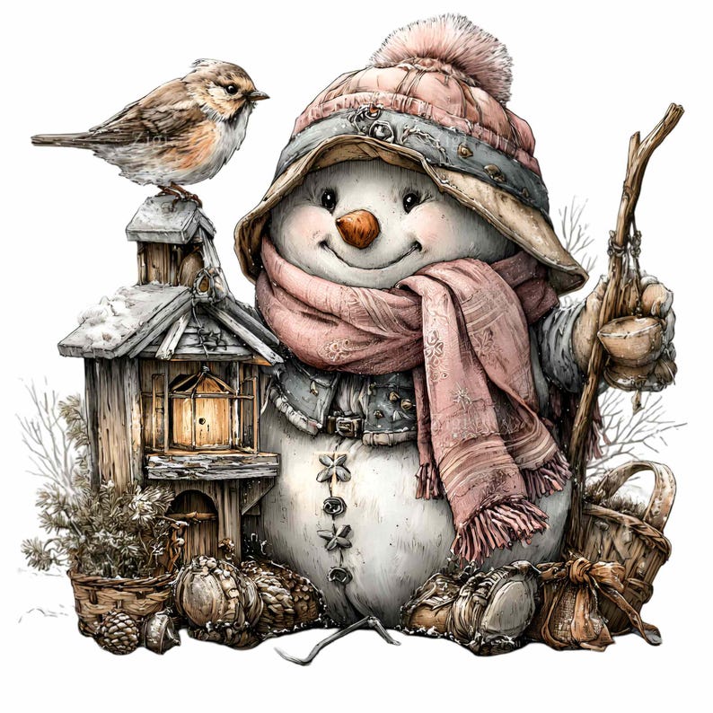 15 PNG Rustic Snowman Clipart – Winter PNG Illustration – Lantern and ...