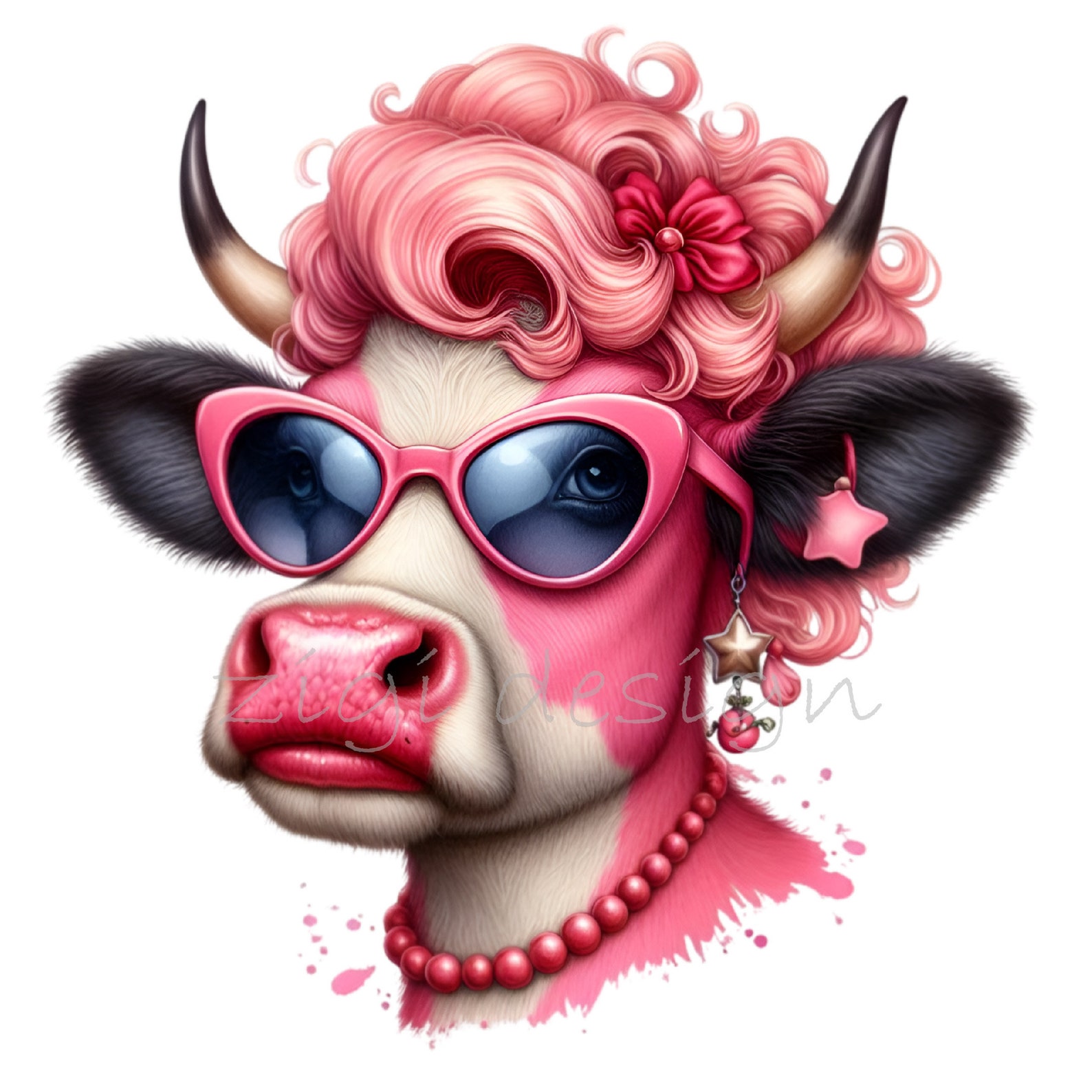 Glamorous Pink Cow Digital Clipart 12 PNG Cute Cow Illustration With ...